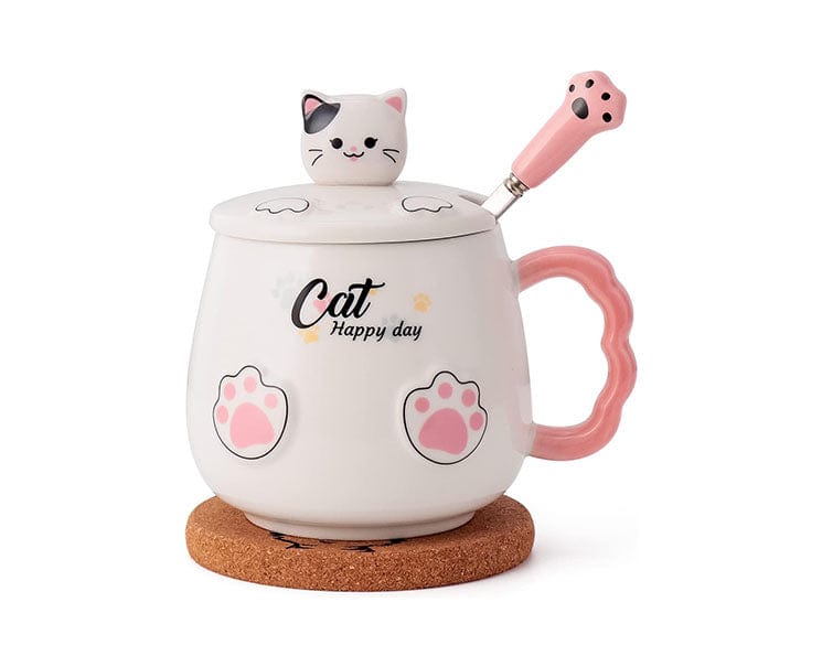 Ceramic Cat Mug with Lid and Spoon: White – Hello Japan