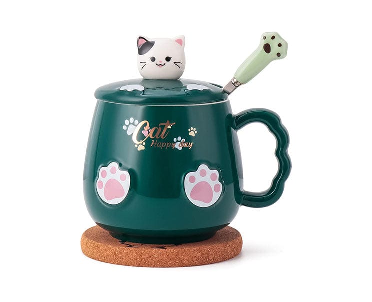 Ceramic Cat Mug with Lid and Spoon: Green – Hello Japan